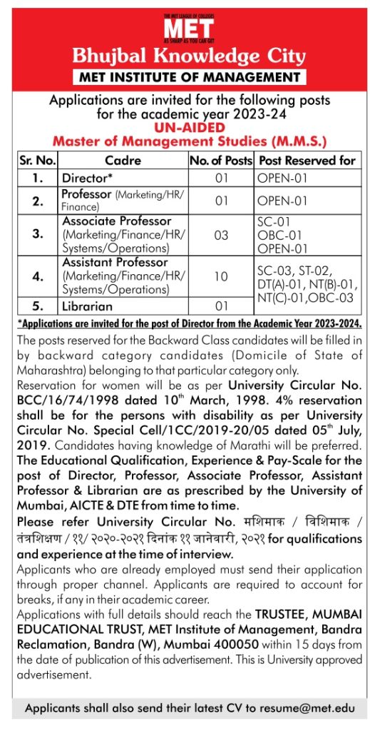 Bhujbal Knowledge City MET Institute of Management, Nashik Wanted Teaching and Non-Teaching ...