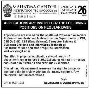 Teaching Jobs- Mahatma Gandhi Institute of Technology, Hyderabad ...