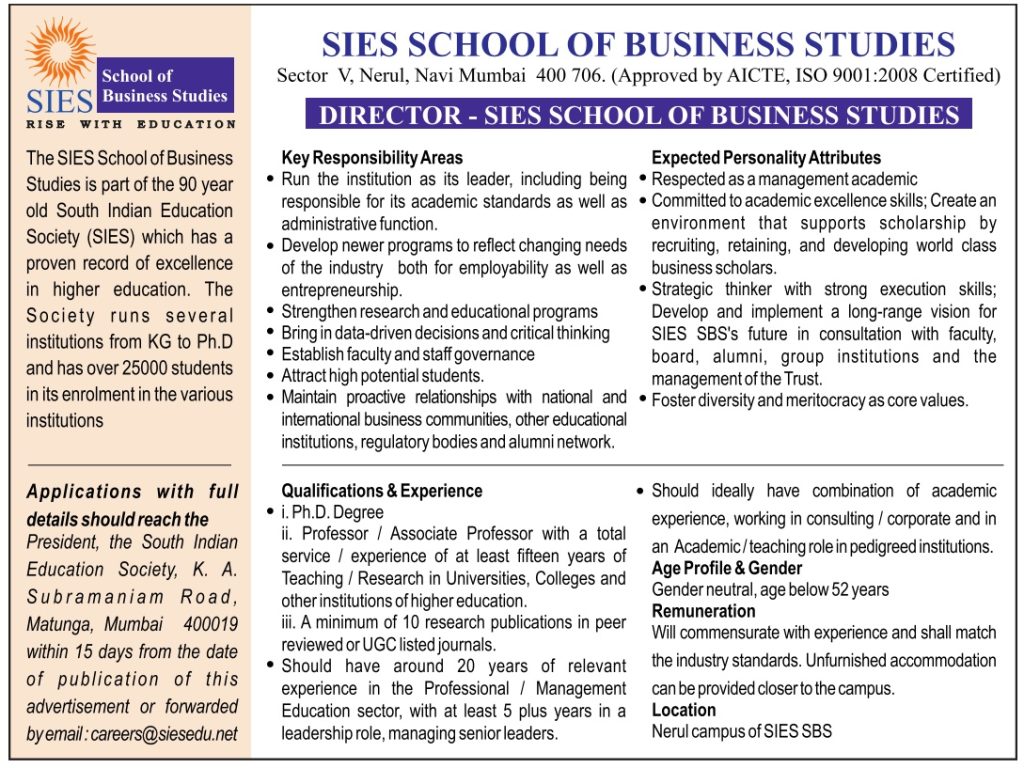 SIES School of Business Studies, Navi Mumbai Wanted Director | FacultyPlus