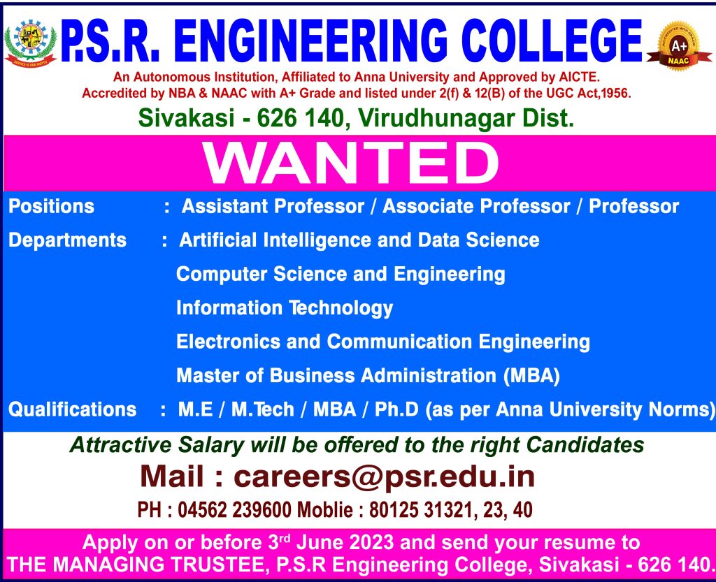 PSR Group of Institutions, Sivakasi- Assistant Professor/Associate ...