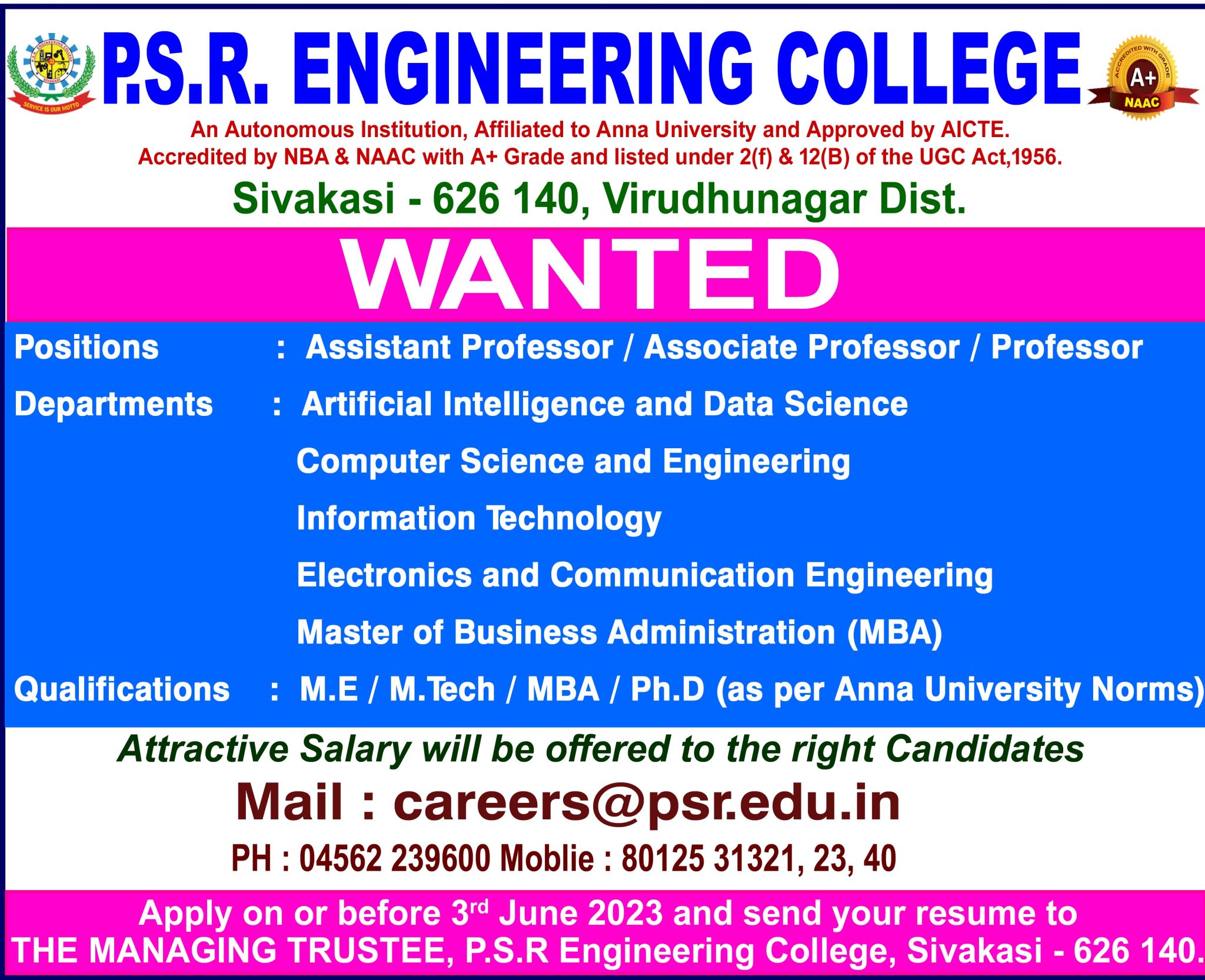 PSR Group of Institutions, Sivakasi- Assistant Professor/Associate Professor/Professor | FacultyPlus