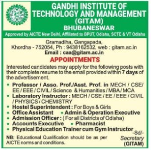 Teaching Jobs- GANDHI INSTITUTE OF TECHNOLOGY AND MANAGEMENT (GITAM ...