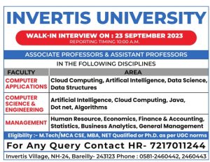 Invertis University, Bareilly Wanted Associate Professor/ Assistant Professor | FacultyPlus