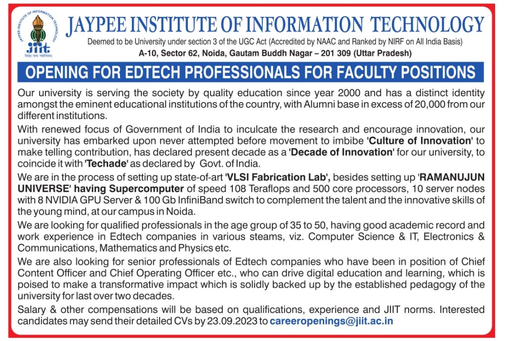 Edtech Professionals Jobs at Jaypee Institute of Information Technology, Gautam Buddh Nagar ...