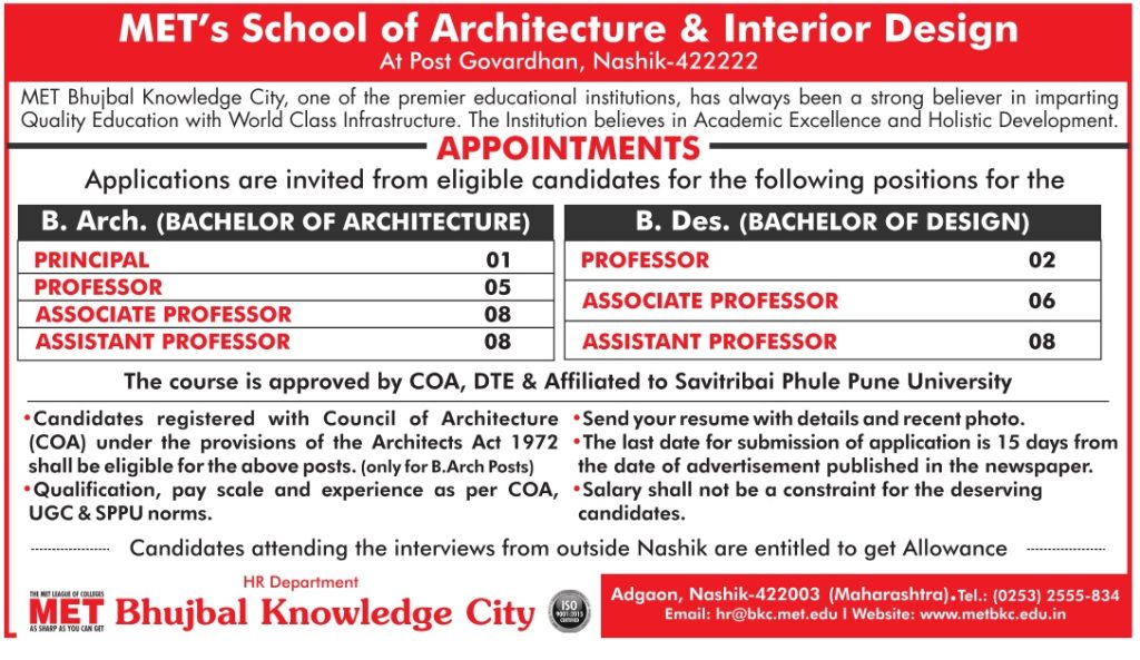 MET’s School of Architecture & Interior Design Wanted Faculty | FacultyPlus