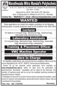 Marathwada Mitra Mandal’s Polytechnic, Pune Wanted Teaching and Non ...