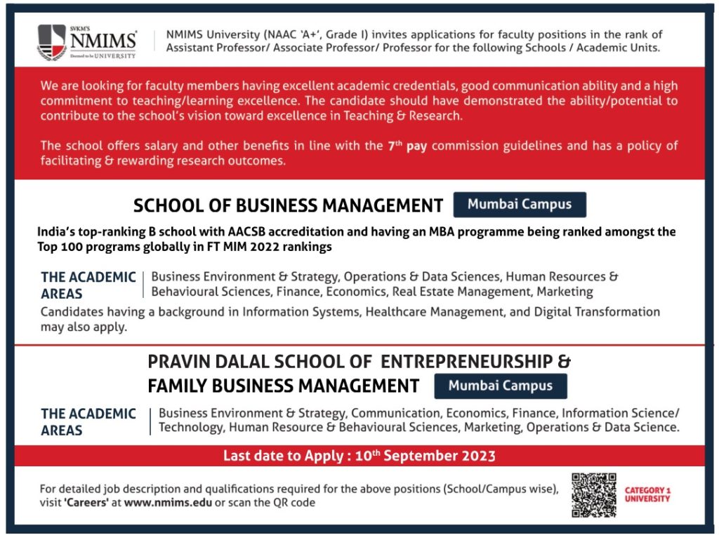 SVKM’s NMIMS Deemed to be University, Mumbai Wanted Professor/ Associate Professor/ Assistant ...