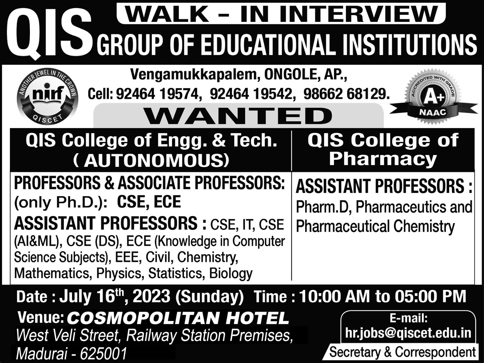 QIS Group of Educational Institutions, Ongole- Walk-in on 16th July 2023 | FacultyPlus