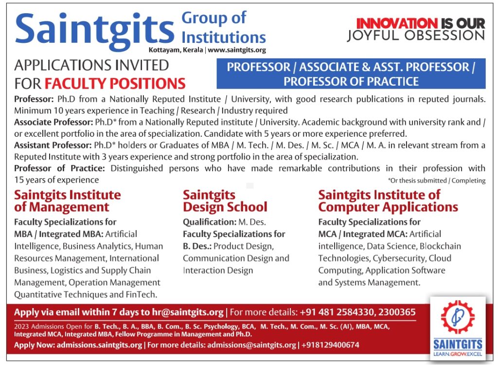 Teaching Jobs 2023- Saintgits Group of Institutions, Kottayam | FacultyPlus