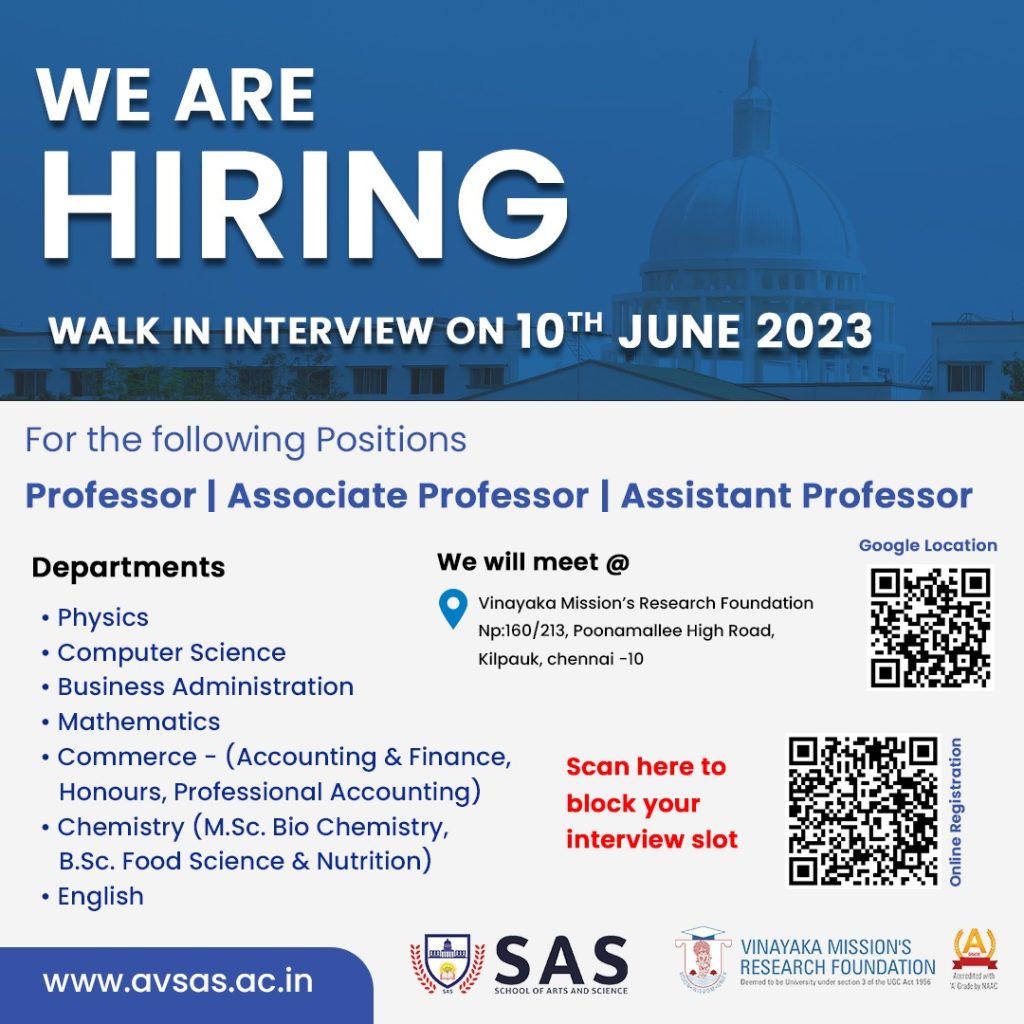 School of Arts & Science – AV Campus, VMRF, Chennai Wanted Faculty (Walk-in 10th June 2023 ...
