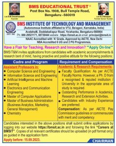 Assistant Professor Jobs at BMS Institute of Technology and Management ...