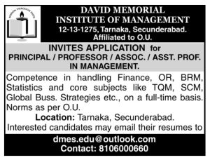 David Memorial Institute of Management, Secunderabad Wanted Principal ...