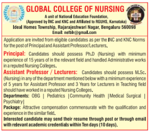 Global College of Nursing, Bengaluru Wanted Principal and Assistant Professors/ Lecturers ...