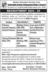 Neville Wadia Institute of Management Studies & Research, Pune Wanted Professor/ Associate ...