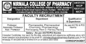 Nirmala College of Pharmacy, Kadapa Wanted Professor/ Associate Professor/ Assistant Professor ...