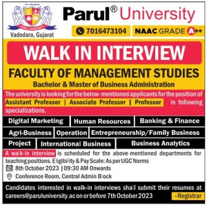 Parul University, Vadodara Wanted Professor/ Associate Professor/ Assistant Professor | FacultyPlus