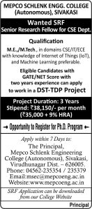 Mepco Schlenk Engineering College,Virudhunagar Wanted SRF | FacultyPlus
