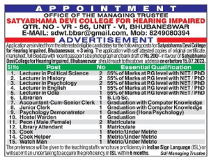 Satyabhama Devi College For Hearing Impaired, Bhubaneswar Wanted Teaching and Non-Teaching ...