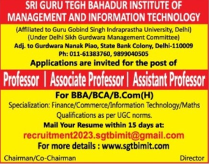 Teaching Staff Recruitment 2023- Sri Guru Tegh Bahadur Institute Of ...