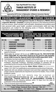 Thakur Institute of Management Studies and Research, Mumbai Wanted Professor/ Associate ...