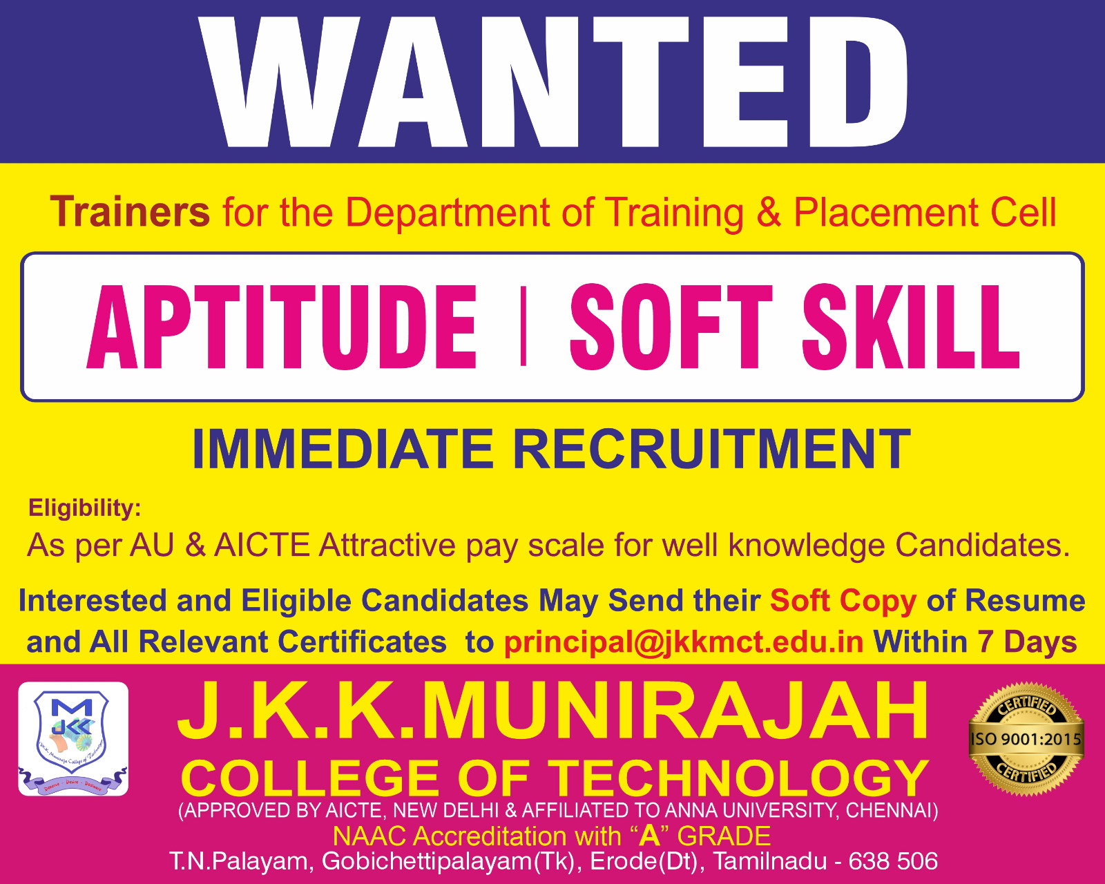 J.K.K. Munirajah College of Technology- Aptitude and Soft Skill Trainer | FacultyPlus