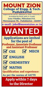 Mount Zion College of Engineering and Technology Wanted Faculty for CSE, MECH, English ...