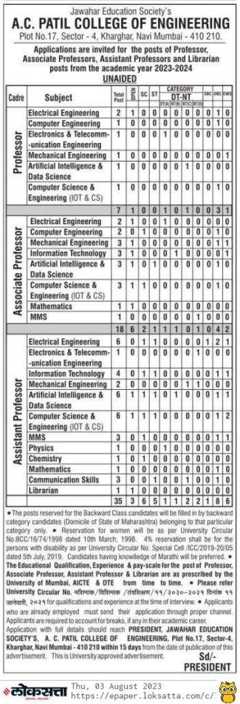 A. C. Patil College of Engineering, Navi Mumbai Wanted Professor ...