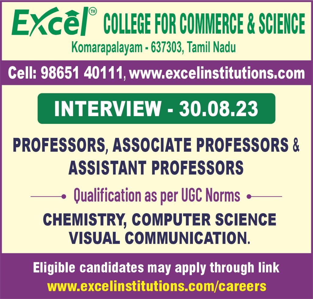 Excel College for Commerce & Science, Komarapalayam Wanted Professors/ Associate Professors ...