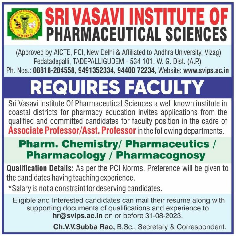 Associate Professor / Assistant Professor Openings at Sri Vasavi Institute of Pharmaceutical ...