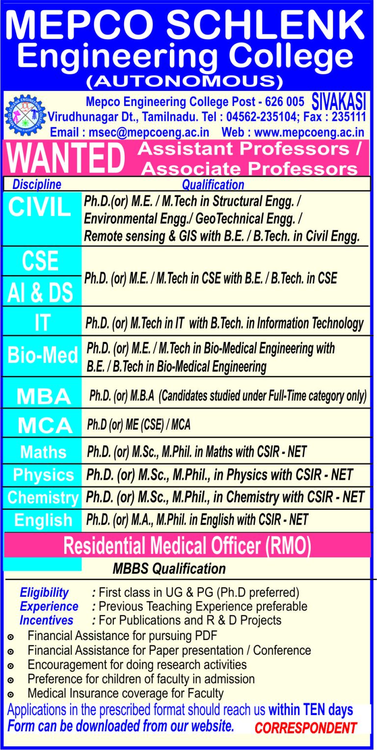 Faculty Recruitment 2024 at Mepco Schlenk Engineering College ...