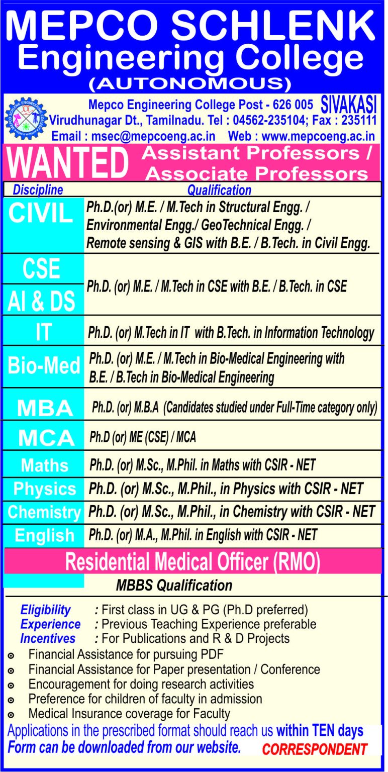 Faculty Recruitment 2024 at Mepco Schlenk Engineering College ...