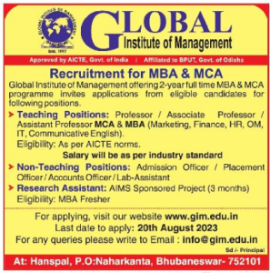 Global Institute of Management, Bhubaneswar Wanted Teaching, Non-Teaching and Research Faculty ...