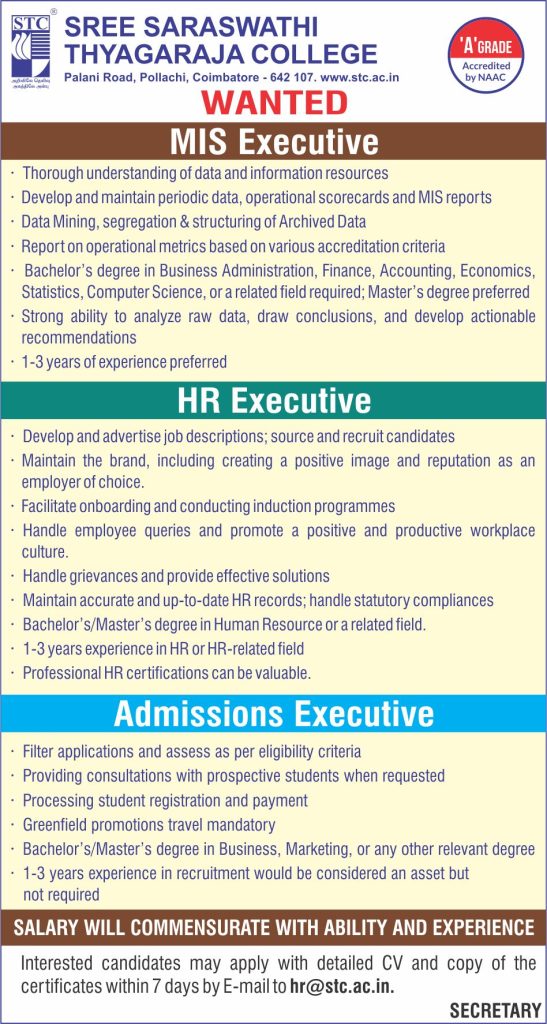 Sree Saraswathi Thyagaraja College, Pollachi Wanted Admin Staffs | FacultyPlus