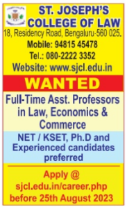 St. Joseph’s College of Law, Bengaluru Wanted Assistant Professors | FacultyPlus