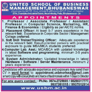United School of Business Management, Bhubaneswar Wanted Teaching and Non-Teaching Faculty ...