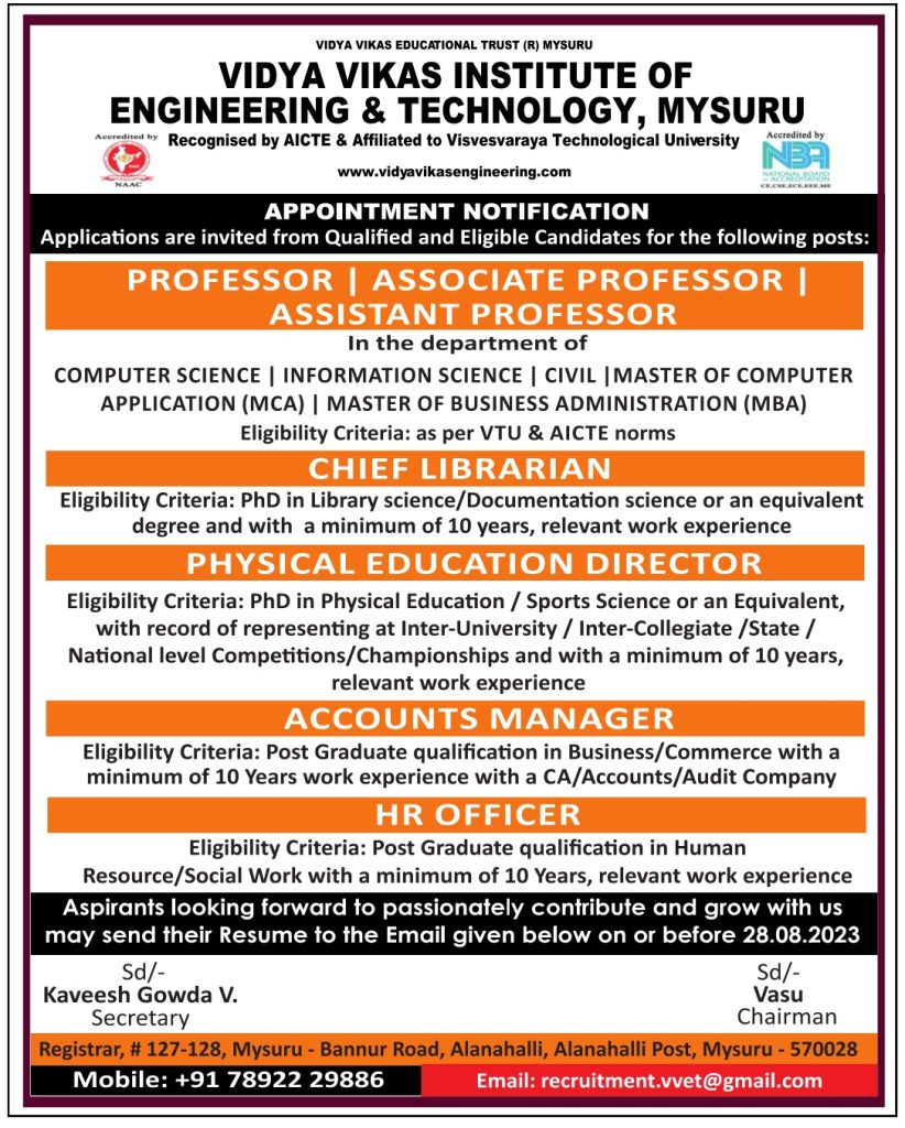 Vidya Vikas Institute of Engineering & Technology, Mysuru Wanted ...