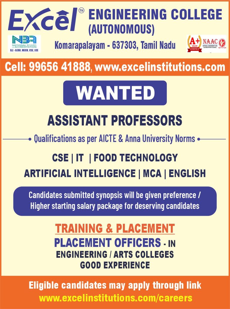 Excel Engineering College (Autonomous), Namakkal Wanted Assistant Professor and Training ...