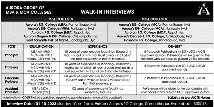 Aurora Group of MBA & MCA Colleges, Hyderabad Wanted Principal ... Aurora Group of MBA & MCA Colleges, Hyderabad Wanted Principal ...