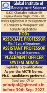 Faculty Recruitment 2023 at Global Institute of Management Sciences, Bangalore | FacultyPlus