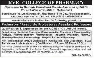 KVK College of Pharmacy, Hyderabad Wanted Teaching and Non-Teaching Faculty | FacultyPlus
