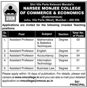 Shri Vile Parle Kelavani Mandal’s Narsee Monjee College of Commerce & Economics, Mumbai Wanted ...