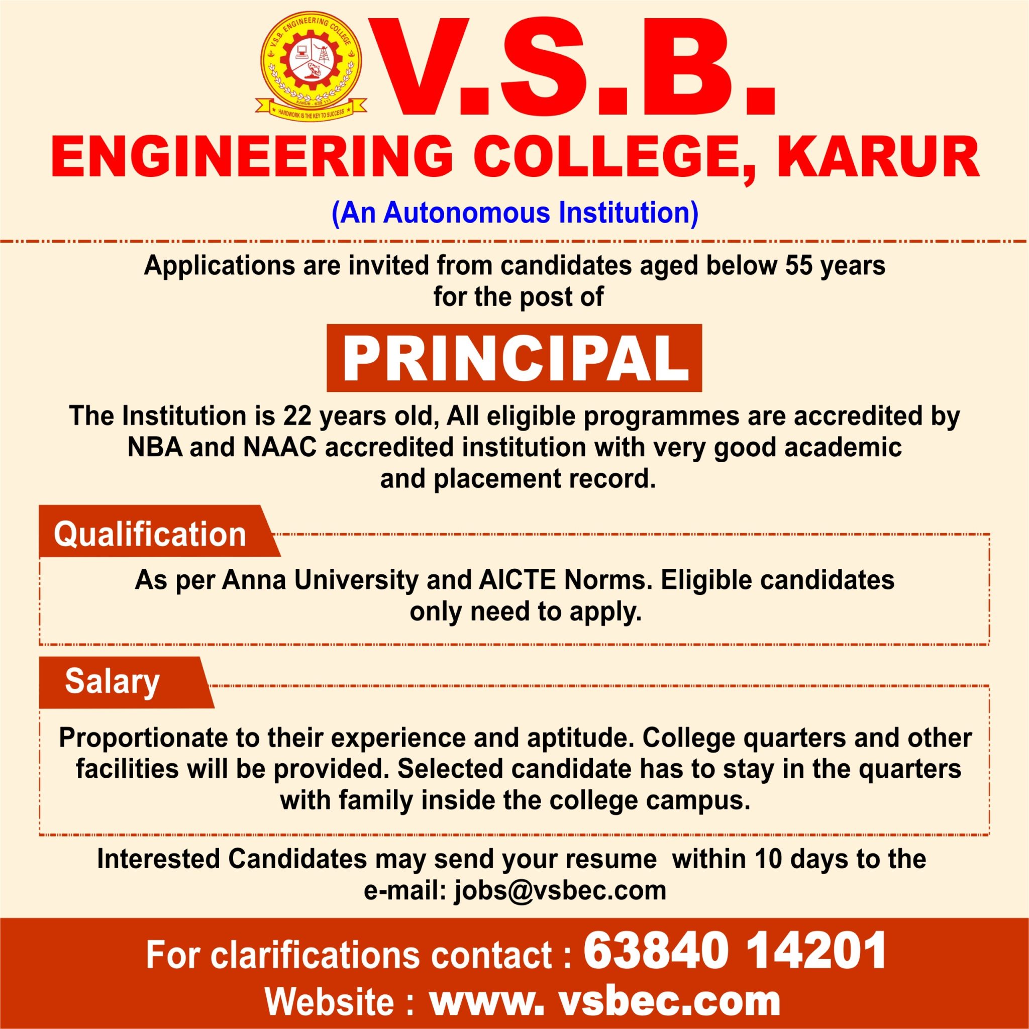VSB Engineering College (Autonomous), Karur Wanted Principal | FacultyPlus
