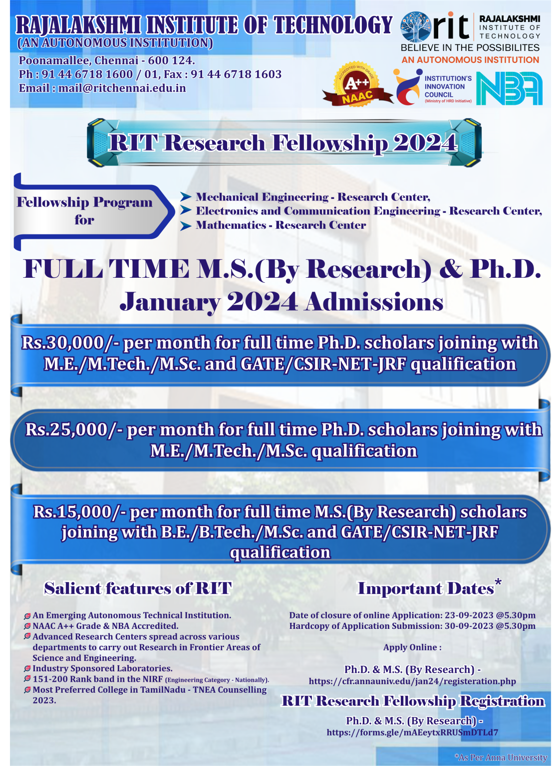 RIT Research Fellowship 2024 | FacultyPlus