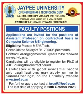 Jaypee University, Guna Wanted Assistant Professor | FacultyPlus