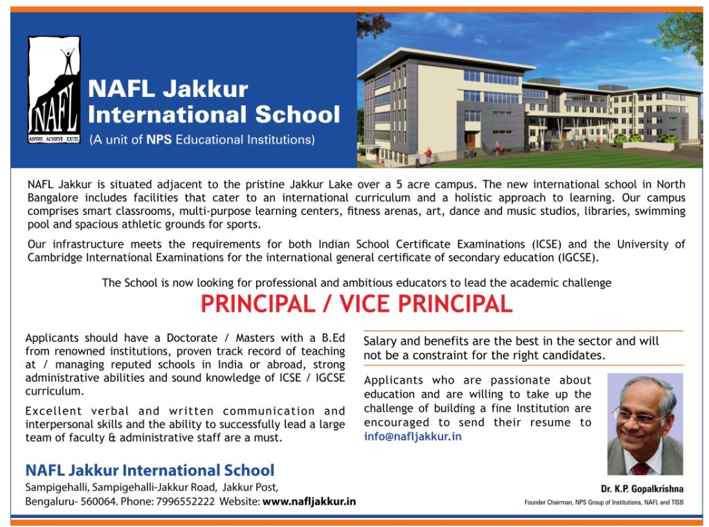 NAFL Jakkur International School, Bengaluru Wanted Principal/ Vice-Principal | FacultyPlus