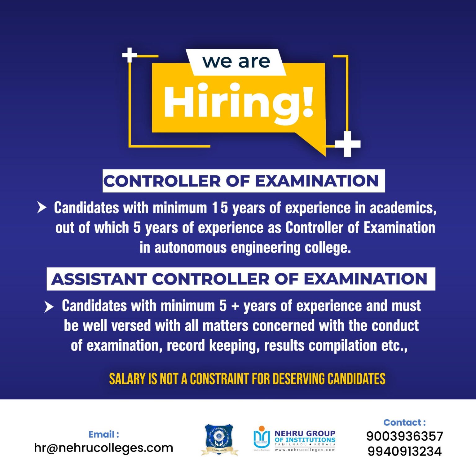 Nehru Group of Institutions Wanted Assistant Controller of Examination | FacultyPlus