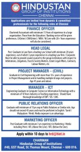 Hindustan Group of Institutions, Chennai Wanted Non-Teaching Faculty | FacultyPlus