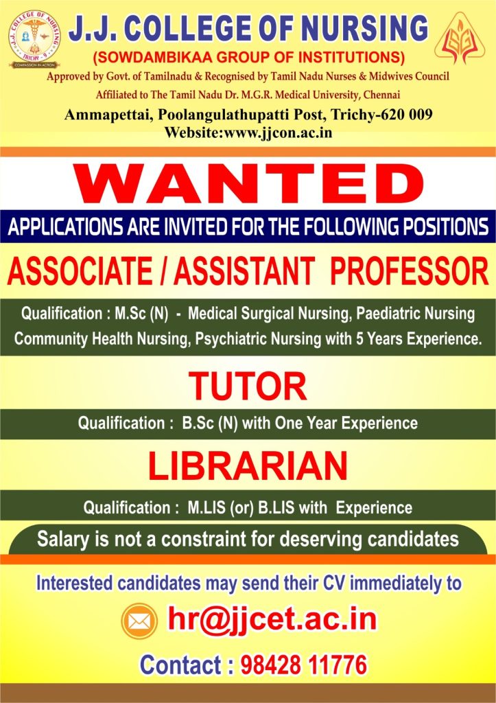 J.J. College of Nursing Wanted Associate Professor /Asst. Professor/Tutor/Librarian | FacultyPlus