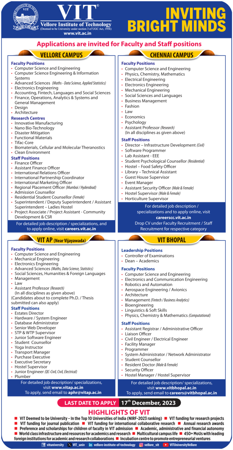 Teaching/Non-Teaching Jobs at VIT (Deemed to be University), Vellore, Chennai, Vijayawada ...