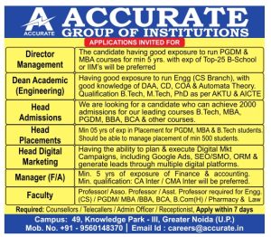 Accurate Group of Institutions, Greater Noida Wanted Teaching and Non-Teaching Faculty | FacultyPlus